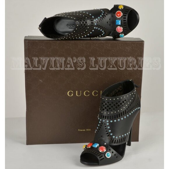 Gucci | Shoes | Gucci Booties Lika Laser Cut Black Leather Stone Shoes ...